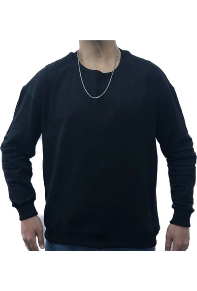 Siyah Unisex Oversize Bisiklet Yaka Sweatshirt