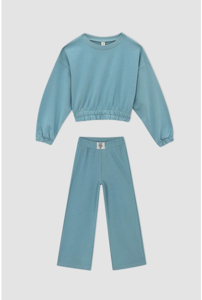 DeFacto Kız Çocuk Regular Fit Bisiklet Yaka Baskılı Sweatshirt Geniş Paça Eşofman Alt Takım X0485A622SP