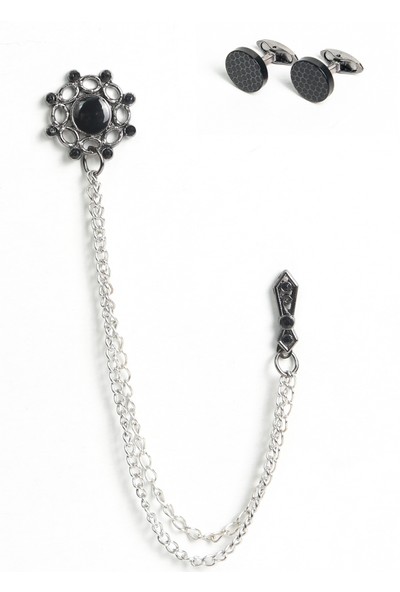 Bay Efendi Kabartma Petek Desen Kol Düğmesi & Taşlı Ceket Yaka Iğnesi Seti Cyz-09