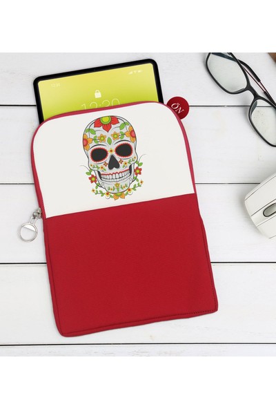 Bk Gift Kurukafa Tasarımlı Taşınabilir Koruyucu Tablet Kılıfı & Organizer Çanta - Kırmızı-10