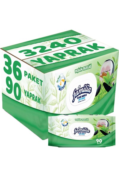 Familia Islak Havlu Mendil Yeşilin Tazeliği 90 Yaprak Plastik Kapaklı 36 Lı Set 3240 Yaprak