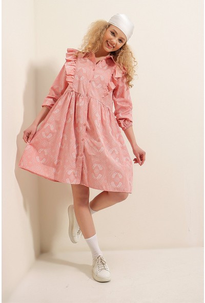 Hakke Desenli Ön Arka Fırfırlı Tunik