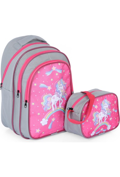 Masho Trend Gri Kumaş Pembe Unicorn Çanta + Beslenme - Okul Çantası - Atcık Çanta Masho Trend Gri Kumaş Pembe Unicorn Çanta + Beslenme - Okul Çantası - Atcık Çanta