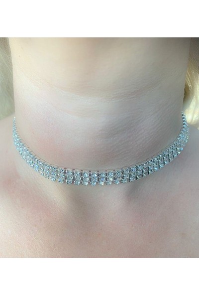 Mingy Gümüş Renk Ayarlanabilir Üç Sıra Taşlı Su Yolu Choker Tasma Kolye