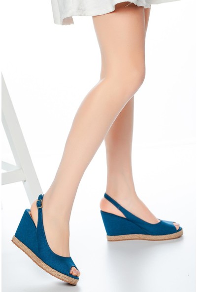 La Boss Kot Mavi Keten Kadın Dolgu Topuklu Ayakkabı
