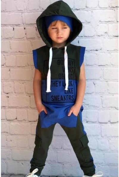 Riccotarz Erkek Çocuk Kapüşon ve Bereli Yazı Baskılı Yeşil Eşofman Takım