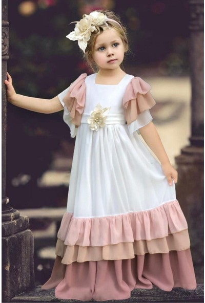 Riccotarz Kız Çocuk Omzu ve Etek Ucu Üç Kat Fırfırlı Çiçek Broş ve Taç Hediyeli Ekru Elbise