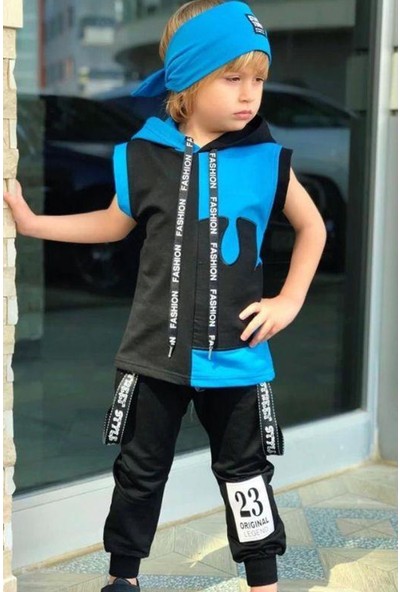 Riccotarz Erkek Çocuk New Puzzle Sıfır Kol Tişört ve Bandanalı Mavi Eşofman Takım