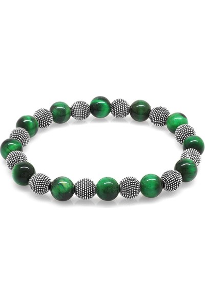 Nipora Yeşil Kaplangözü Metal Kombinli Küre Kesim Doğaltaş Bileklik