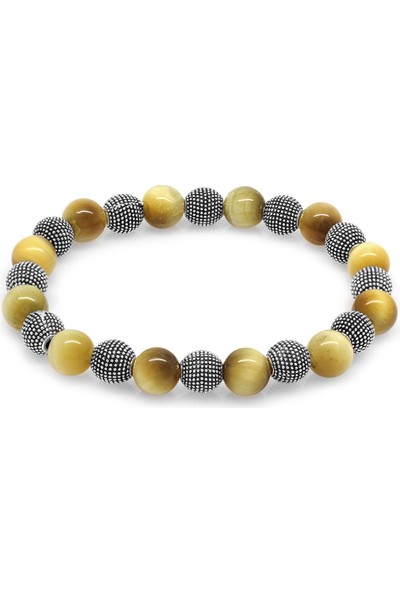 Nipora Renkli Kaplangözü Metal Kombinli Küre Kesim Doğaltaş Bileklik