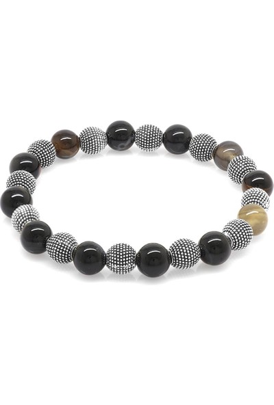 Nipora Süleyman Akik Metal Kombinli Küre Kesim Doğaltaş Bileklik