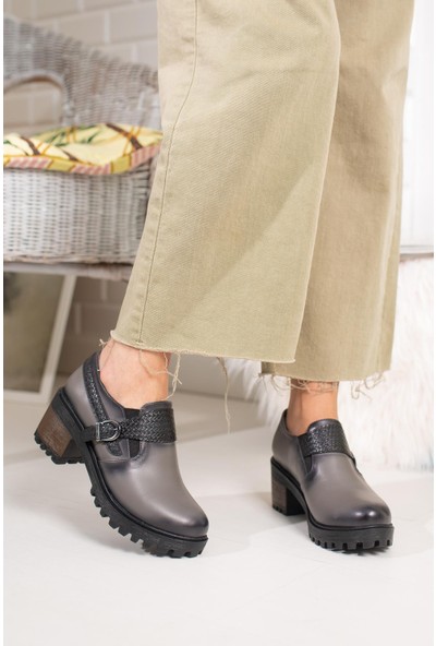 La Boss Gri Cilt Kadın Örgü Kemerli Ayakkabı