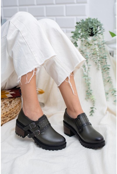 La Boss Haki Cilt Kadın Taşlı Çift Tokalı Ayakkabı