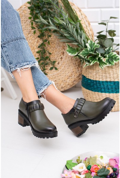 La Boss Haki Cilt Kadın Günlük Yandan Fermuarlı Ayakkabı