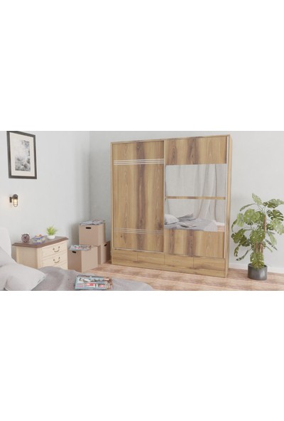 Shila Home 200 cm Sürgülü Dolap Alttan Çekmeceli Aynalı Gardrop Empoli Ceviz