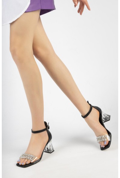 La Boss Siyah Kadın Taşlı Topuklu Ayakkabı