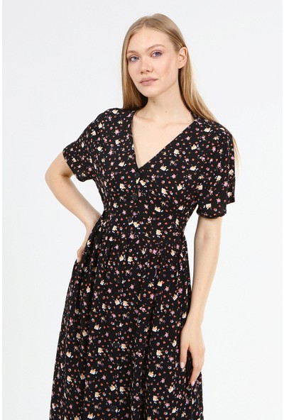 Çiçekli Düğmeli Viskon Elbise