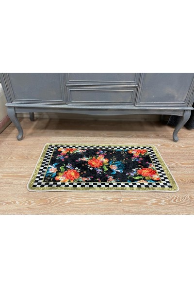 Brillant Çiçekli Damalı Lateks Taban Saçaksız Mutfak Halısı