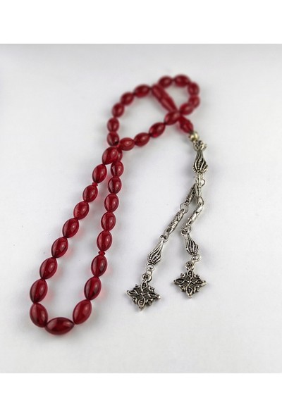 Eves Shop El Yapımı Kırmızı Hareli Sıkma Kehribar Tesbih