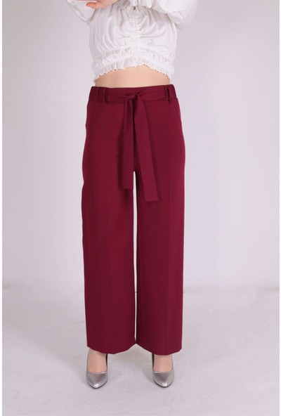 Atçı Büyük Beden Beli Lastikli Bol Paça Bordo Pantolon