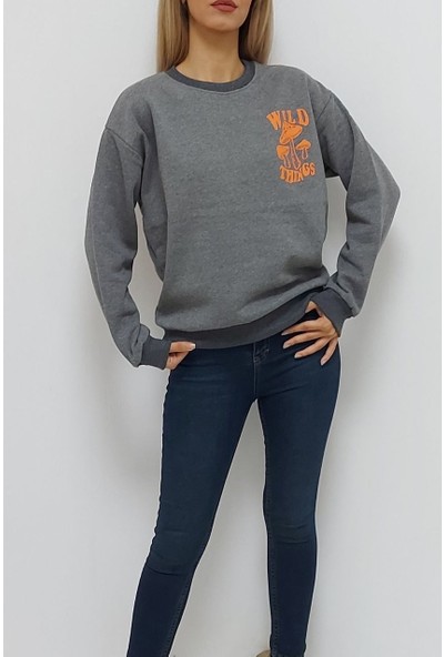 İnobag Arkası Baskılı Içi Tüylü Sweatshirt Gri