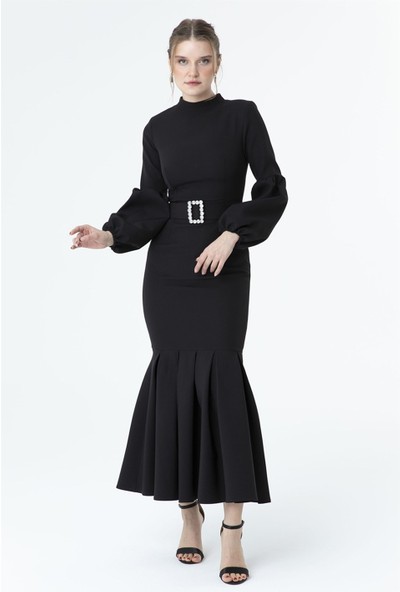 Puane 12305 Dik Yaka Balon Kol Pile Detaylı Balık Elbise Siyah