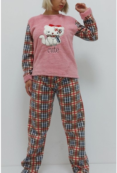 Kedi Desenli Pijama Takımı Gülkurusu