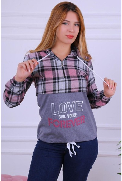 Kapüşonlu Baskılı Oduncu Sweatshirt Gri