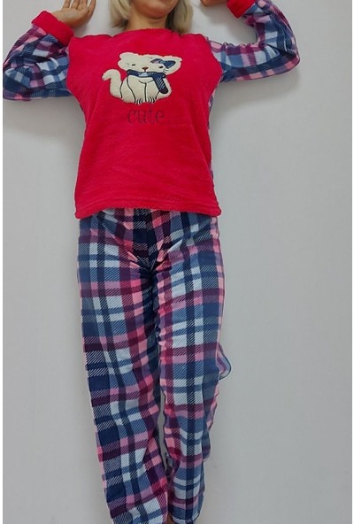 Kedi Desenli Pijama Takımı Fuşya