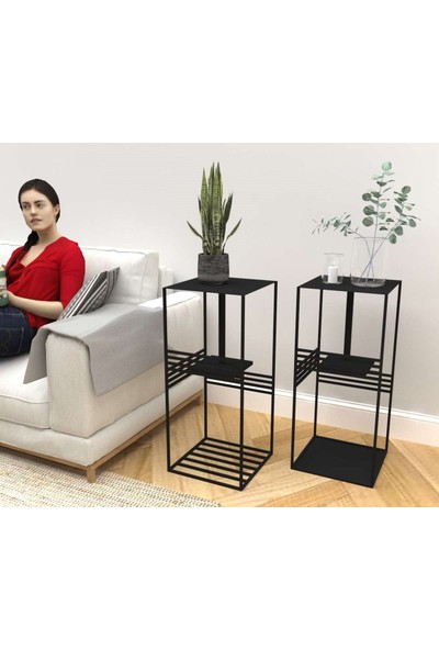 Panello Özel Tasarım Metal Sehpa - Siyah Renk 2'li