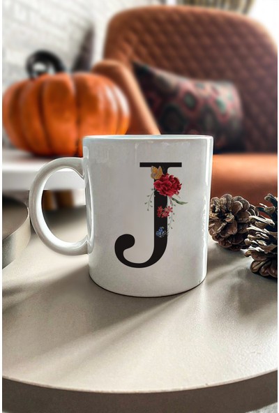 Leyya Dekor J Baş Harf Çiçek Desenli Kupa Bardak