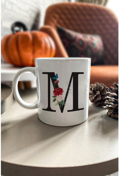 Leyya Dekor M Baş Harf Çiçek Desenli Kupa Bardak