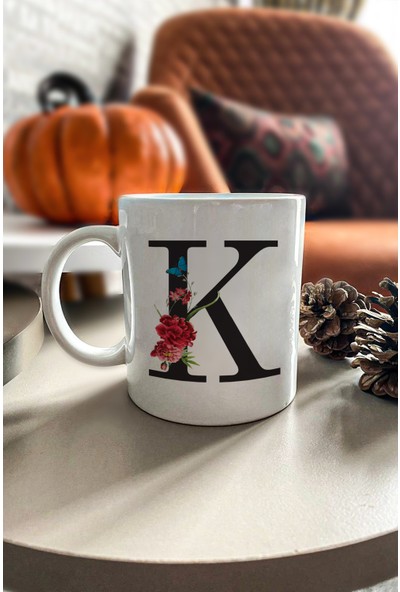 Leyya Dekor K Baş Harf Çiçek Desenli Kupa Bardak