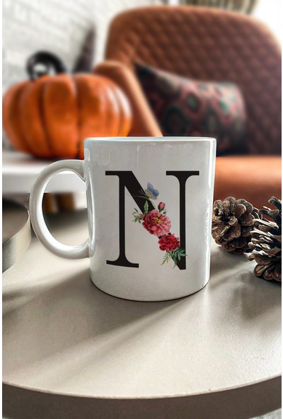 Leyya Dekor N Baş Harf Çiçek Desenli Kupa Bardak