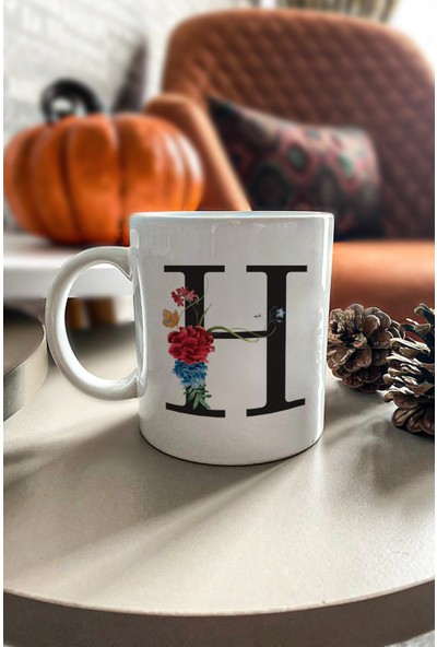 Leyya Dekor H Baş Harf Çiçek Desenli Kupa Bardak