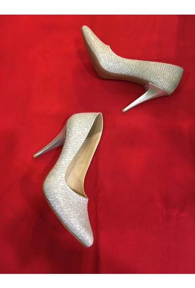 Gold Step Stileto Gümüş Simli Ince Topuk Topuk Boyu 10 cm
