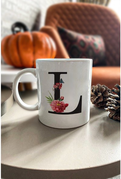 Leyya Dekor L Baş Harf Çiçek Desenli Kupa Bardak