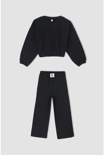 DeFacto Kız Çocuk Regular Fit Bisiklet Yaka Baskılı Sweatshirt Geniş Paça Eşofman Alt Takım X0485A622SP