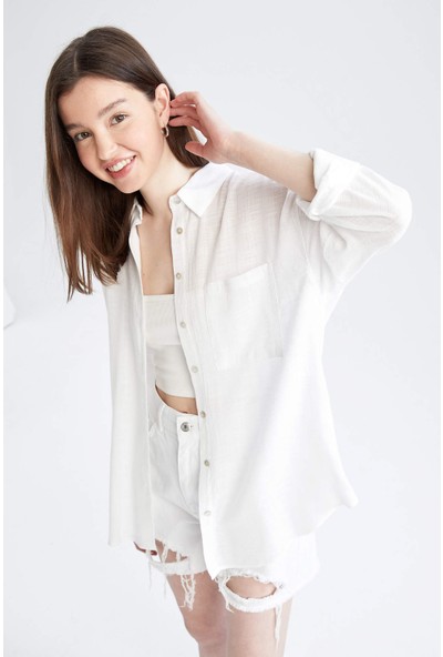 DeFacto Oversize Fit Gömlek Yaka Keten Görünümlü Uzun Kollu Gömlek X2232AZ22SM