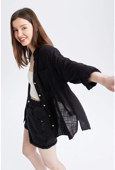 DeFacto Oversize Fit Gömlek Yaka Keten Görünümlü Uzun Kollu Gömlek X2232AZ22SM