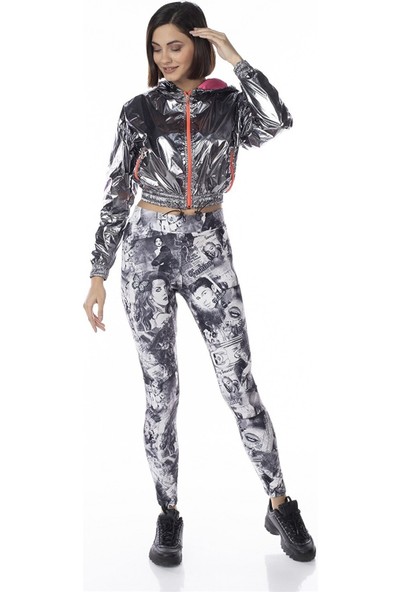 Kadın Beyaz Portre Desenli Dijital Baskılı Toparlayıcı Spor Tayt