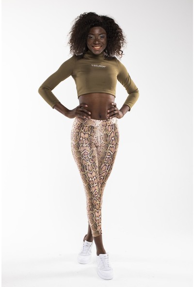 Kadın Kahverengi Yılan Desenli Dijital Baskılı Toparlayıcı Spor Tayt