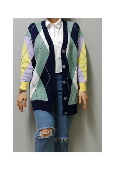 Mano Kadın Baklava Desenli Renkli Uzun Kışlık Hırka