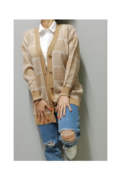 Mano Kadın Krem Desenli Kışlık Uzun Boy Hırka