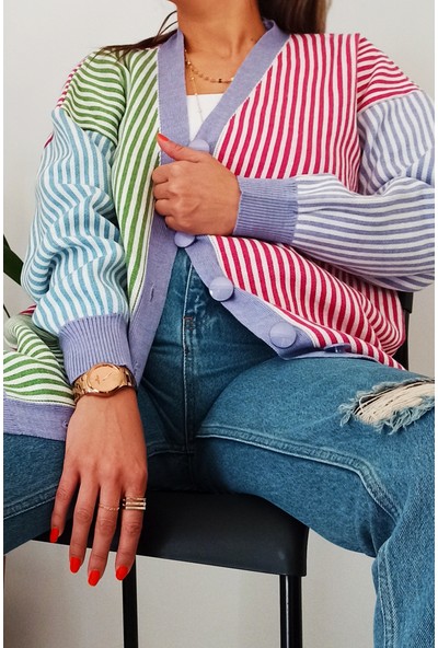 Mano Kadın Renkli Çizigili Uzun Hırka