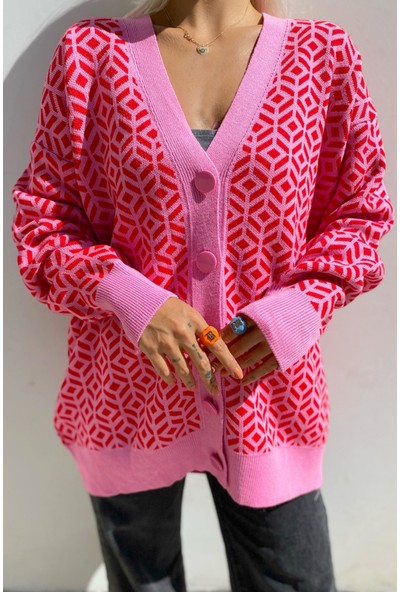 Mano Kadın Uzun Vintage Tarzı Pembe Kışlık Hırka