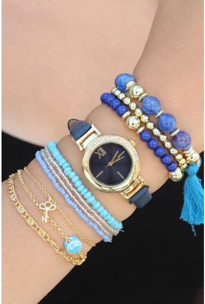 Style Of Carmen Taşlı Gold Kasa Mavi Ince Deri Kordonlu Saat ve Bileklik Kombini