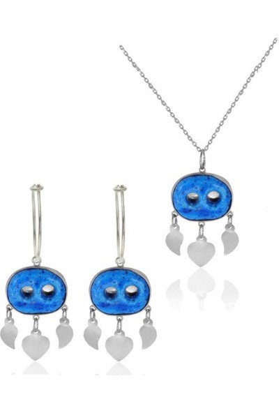 Encili Silver 925 Ayar Gümüş Süryani Nazar Boncuğu Gümüş Kolye ve Gümüş Küpe Set