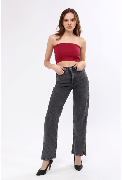 Yırtmaç Detaylı kadın Kar Siyahı Boyfriend Bol Paça Pantolon