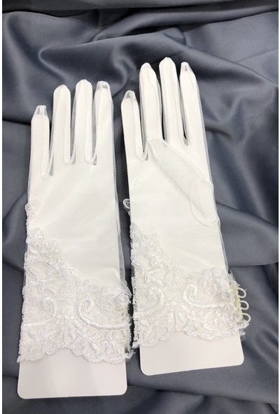 Hayalperest Boncuk Beyaz Güpür Dantelli Eldiven